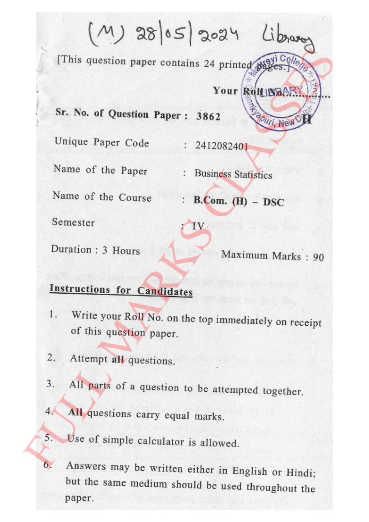 PYQ'24 - Business Statistics Question Paper (3862) - Studocu