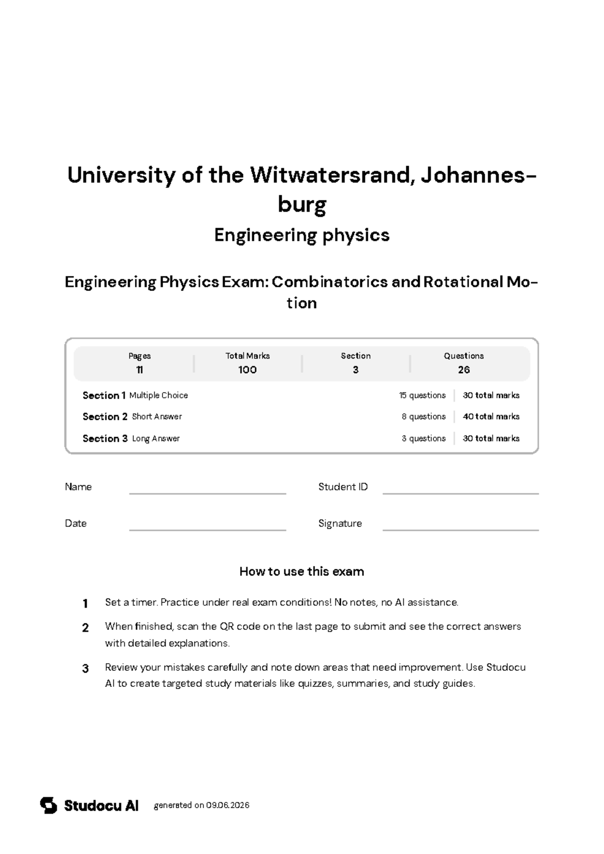 PHYS1032A Final Exam: Combinatorics & Rotational Motion - Studocu