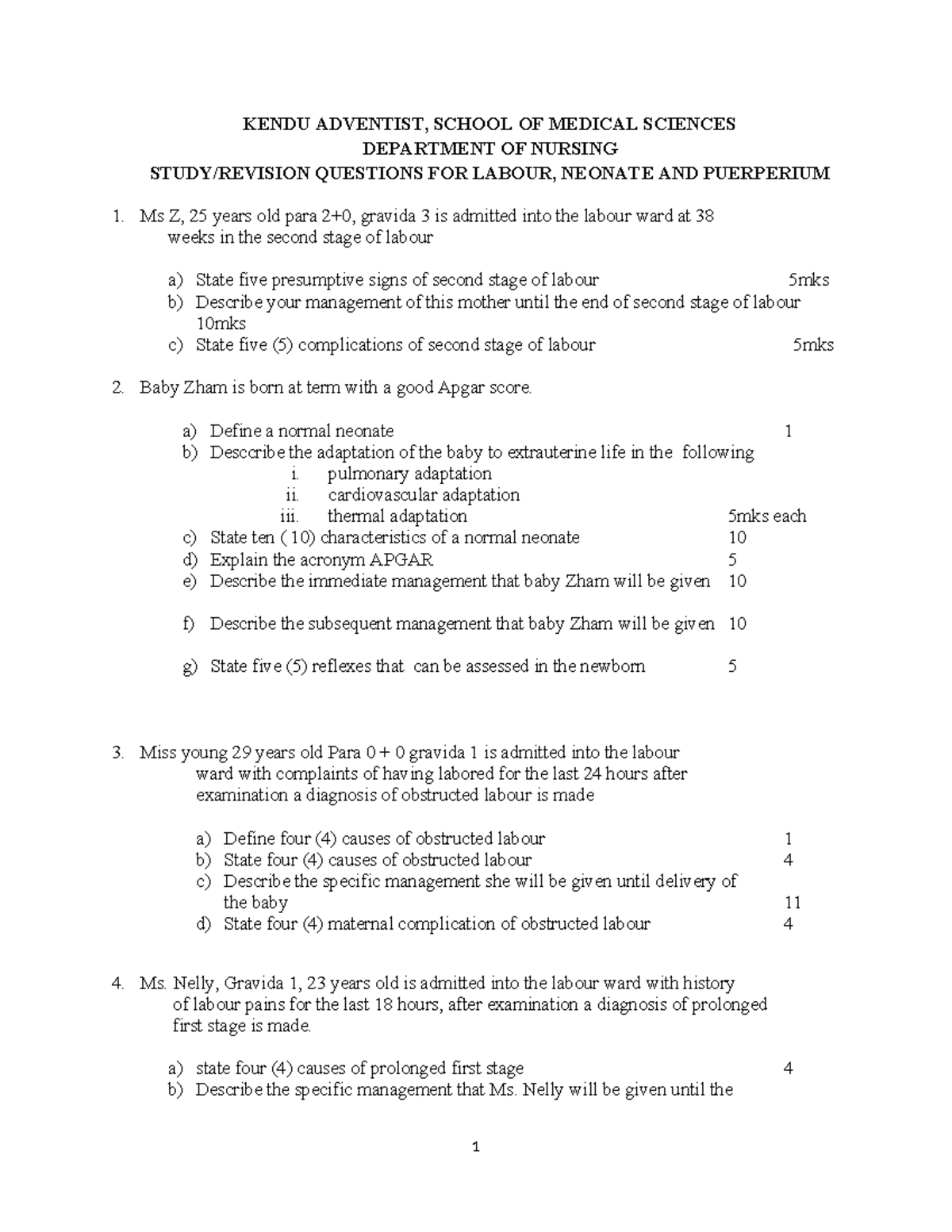 Midwifery Study Questions: Labour, Neonate & Puerperium (NURS 101 ...