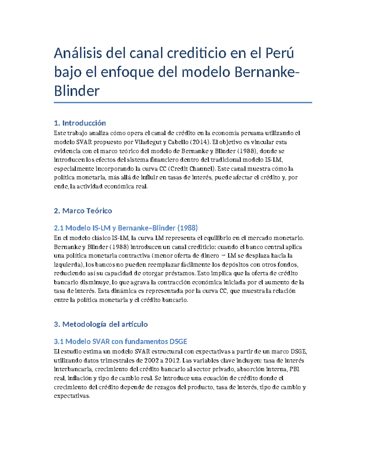 Análisis del Canal de Crédito en Perú: Modelo Bernanke-Blinder - Studocu