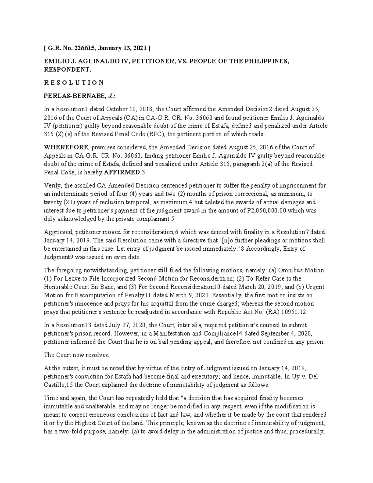 Aguinaldo IV vs. People of the Philippines: GR No. 226615 Case Analysis ...