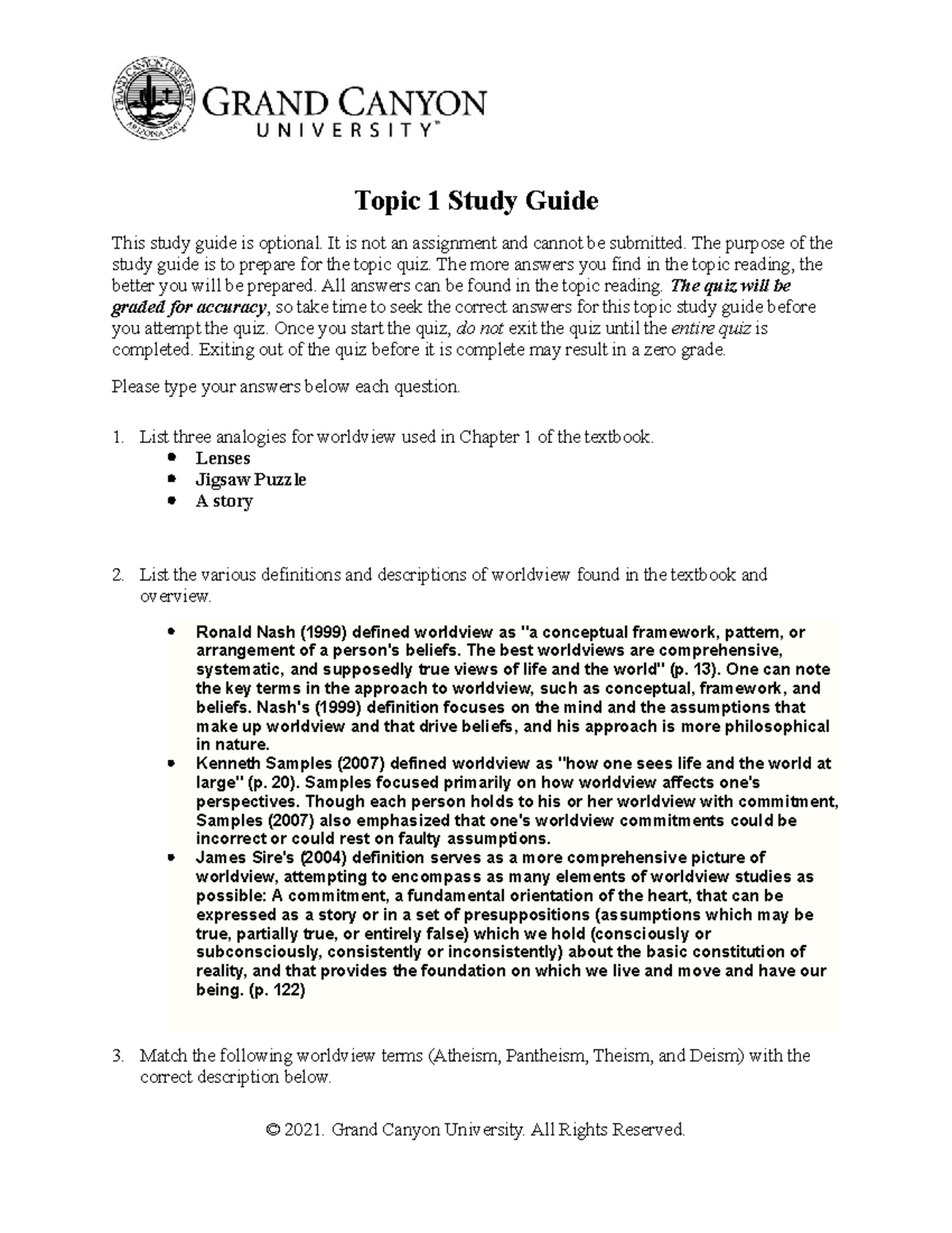 Christian Worldview CWV 101 Topic 1 Study Guide for Quiz Preparation ...