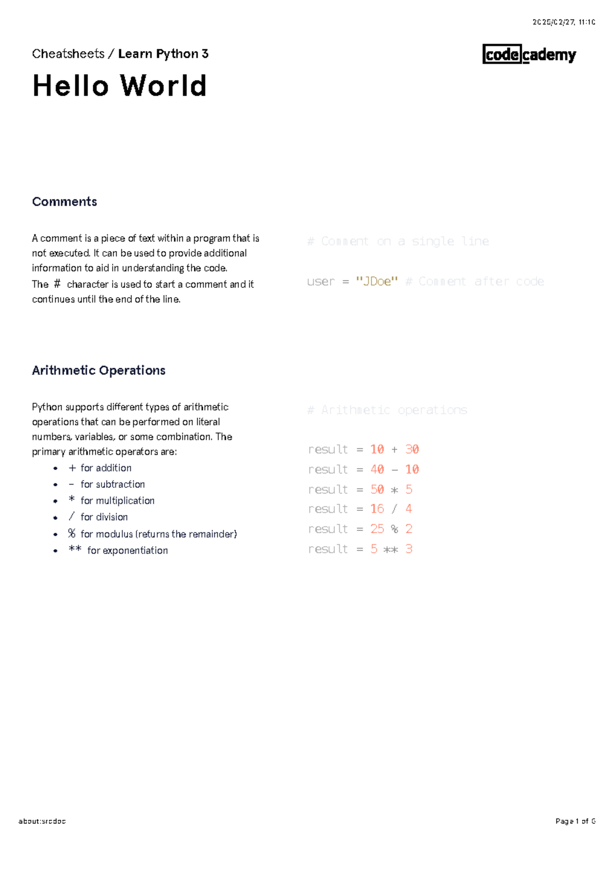 Learn Python 3: Hello World Cheatsheet Codecademy - A comment is a ...