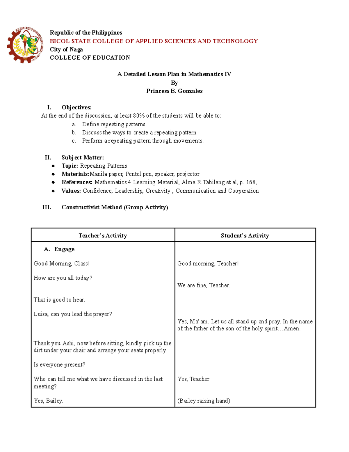 Detailed Lesson Plan (Math IV) on Repeating Patterns Using ...