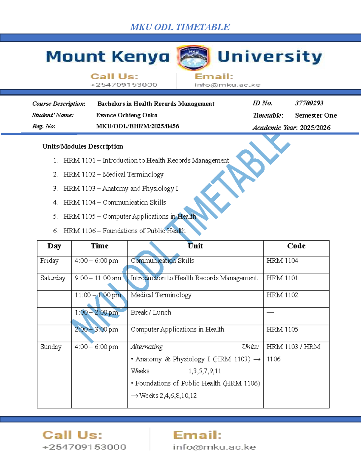 HRM 1101-1106 Timetable Notes for Semester One - Studocu