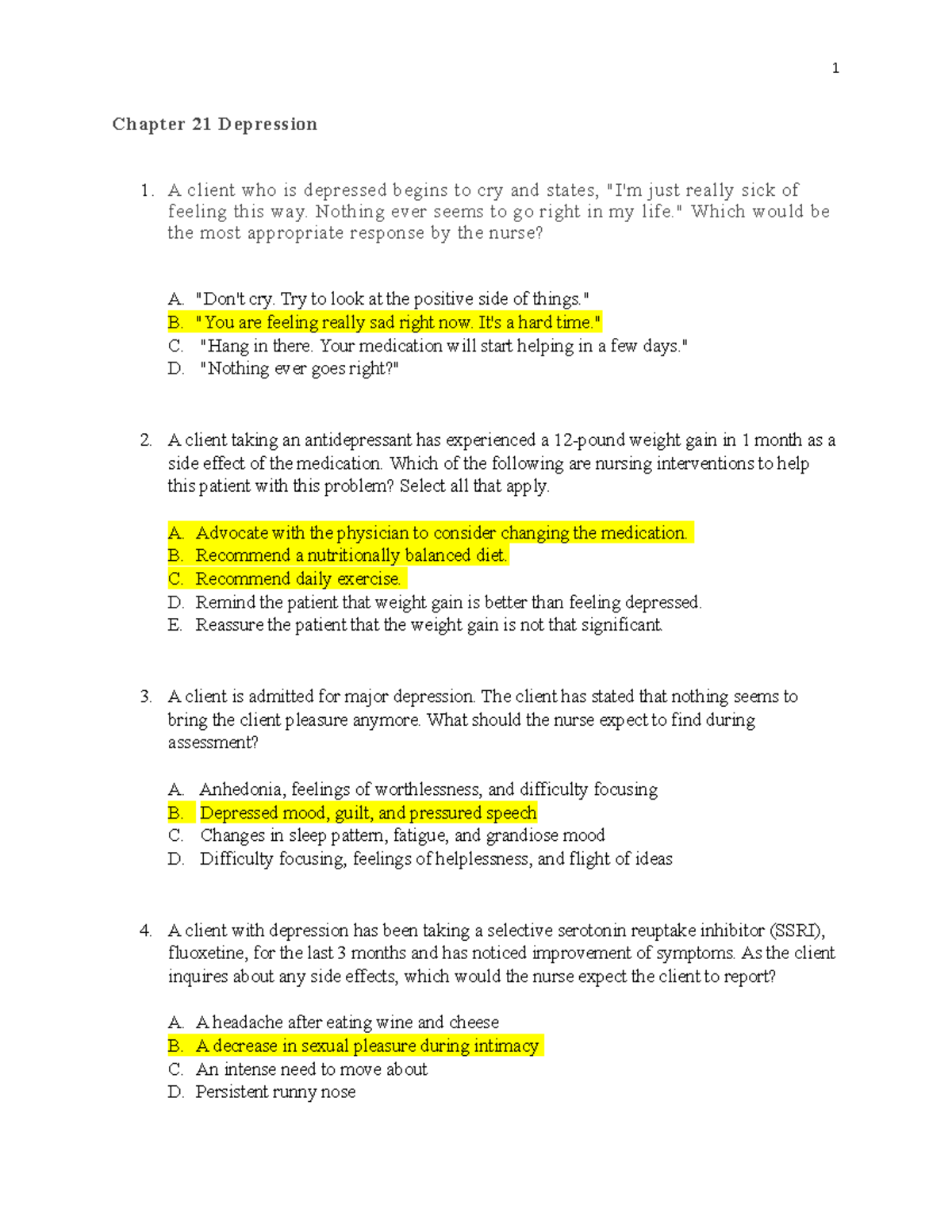 Exam 3 Practice Qs on Depression & Mental Health Spring 2021 - Studocu