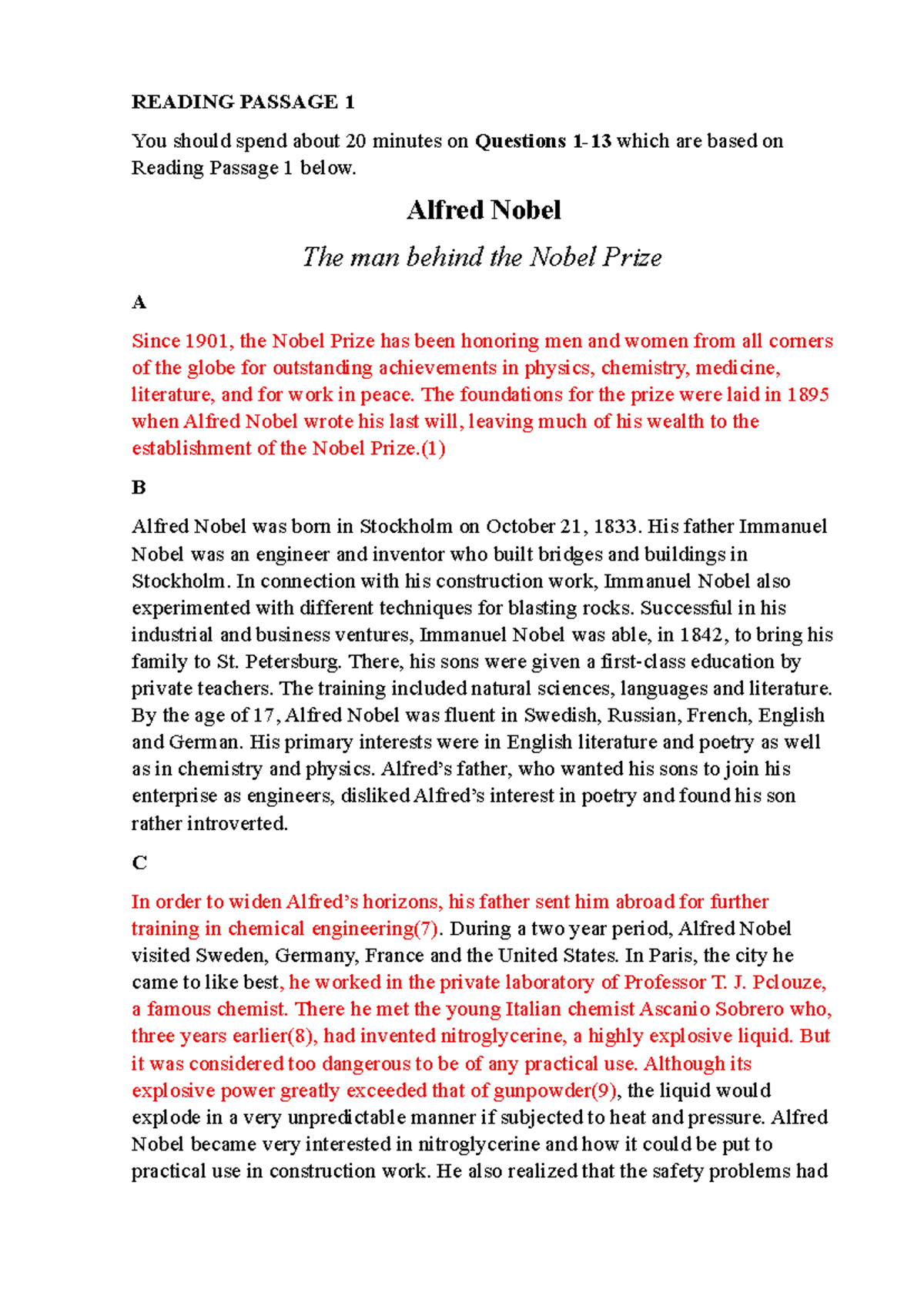 Reading Passage 1: Alfred Nobel and the Nobel Prize Insights - Studocu