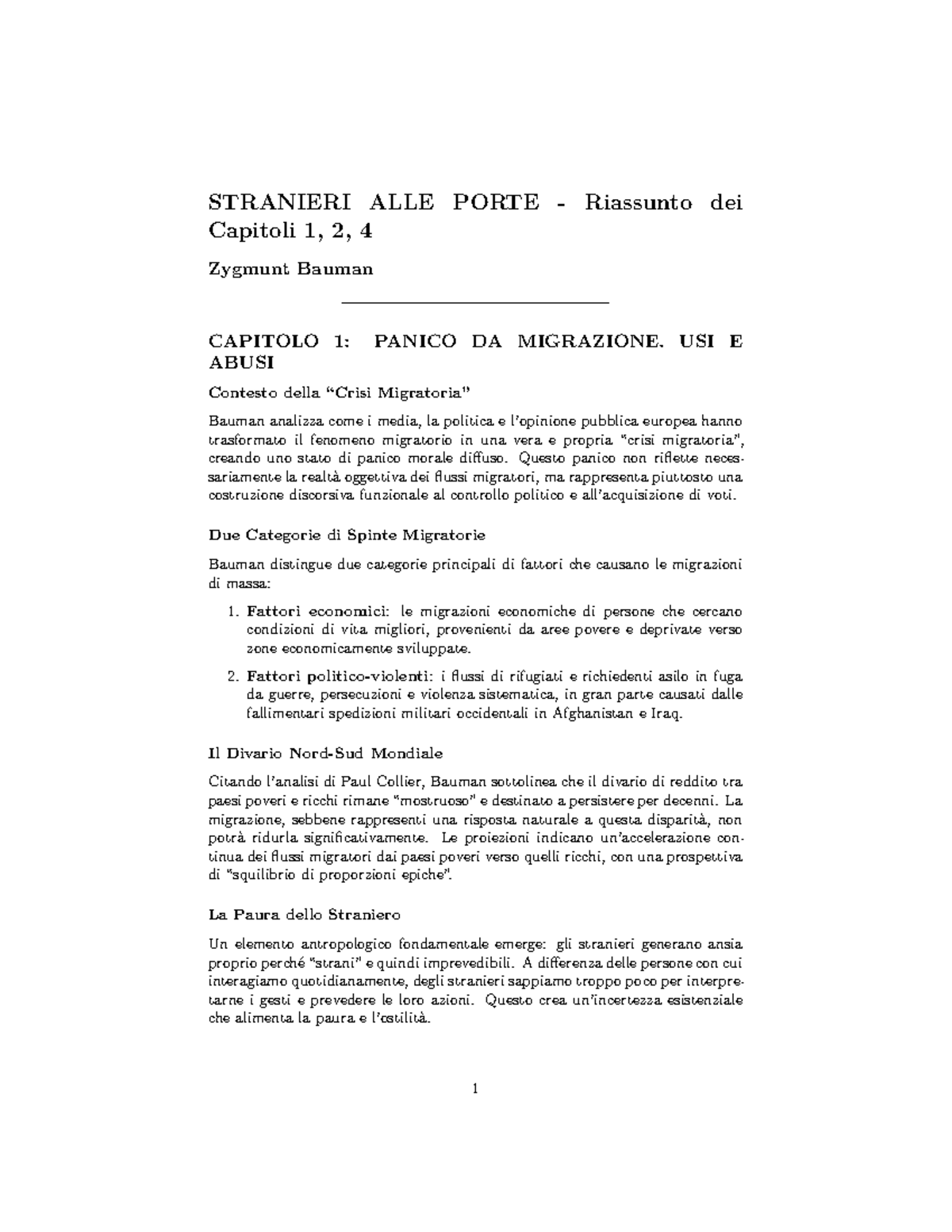 STRANIERI ALLE PORTE: Riassunto Capitoli 1, 2, 4 di Zygmunt Bauman ...