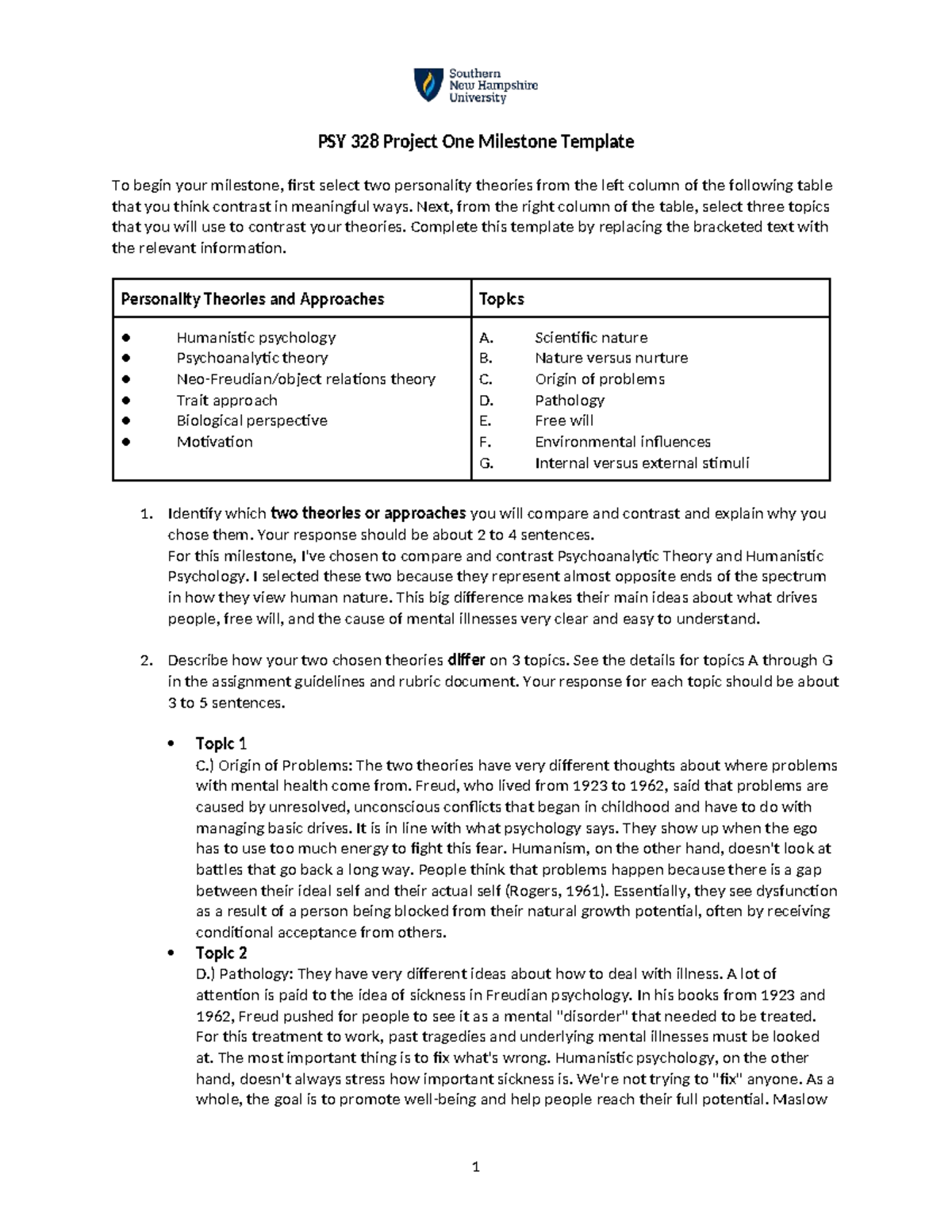 PSY 328 Project One Milestone: Comparing Personality Theories - Studocu