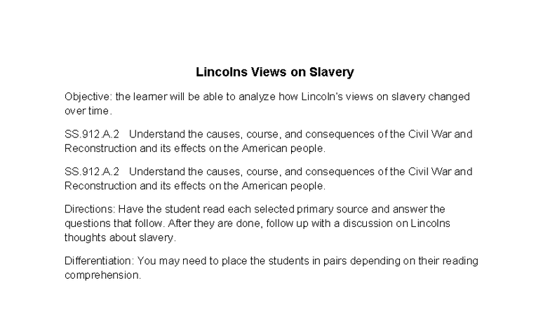 Lincoln's Evolving Perspectives on Slavery: SS.912.A.2 Analysis - Studocu