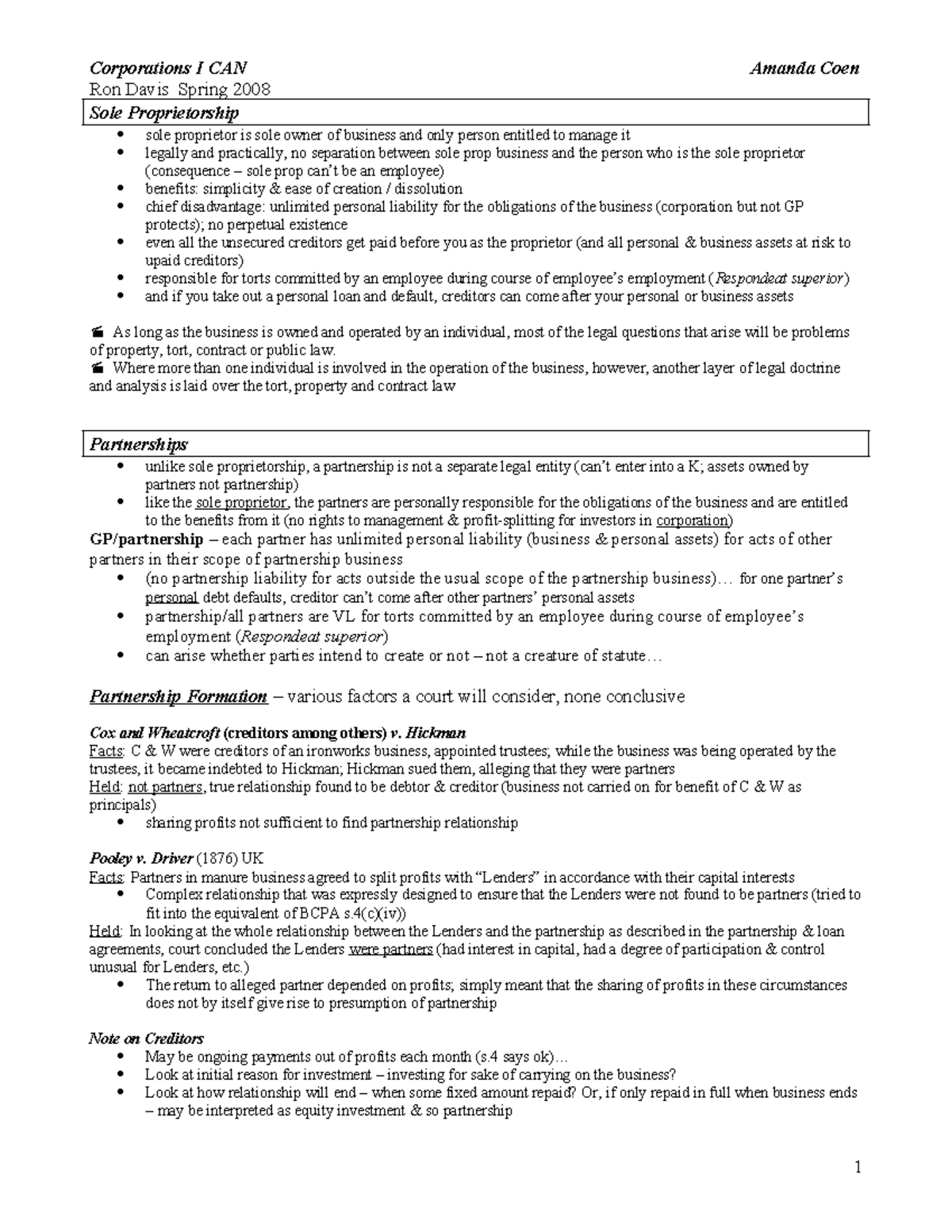 COMPANY LAW PARTNERSHIP 230-C - Corporations I Lecture Notes - 2008 ...