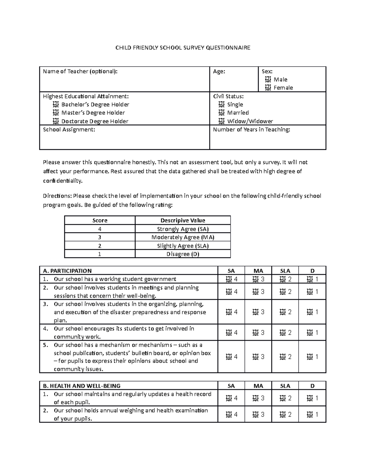 Child Friendly School Survey Questionnaire: A Comprehensive Review ...