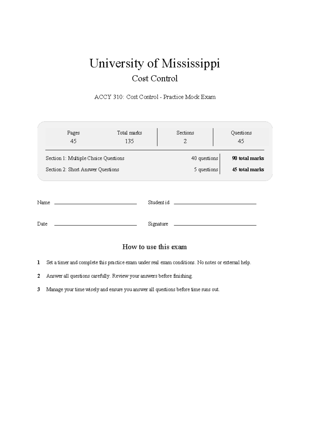 ACCY 310: Cost Control Practice Mock Exam - University of Mississippi ...