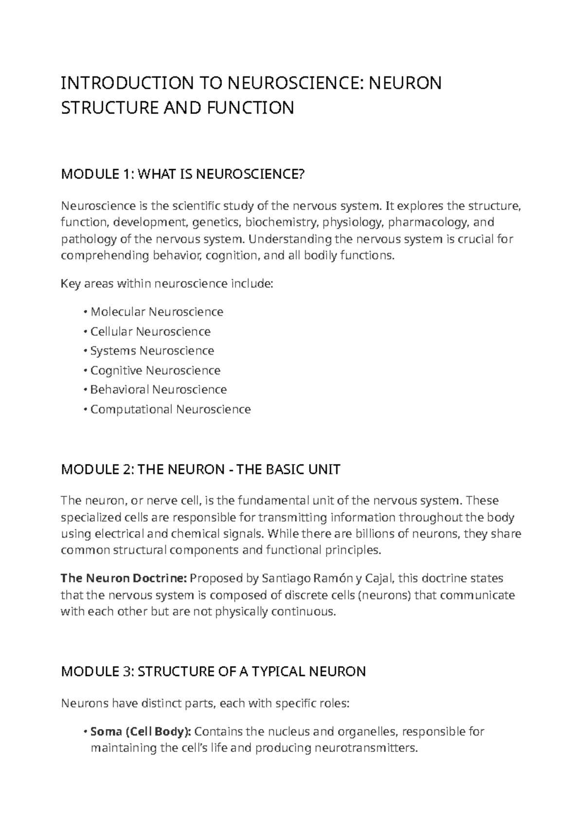 Neuroscience Class Notes: Neuron Structure & Function Overview - Studocu