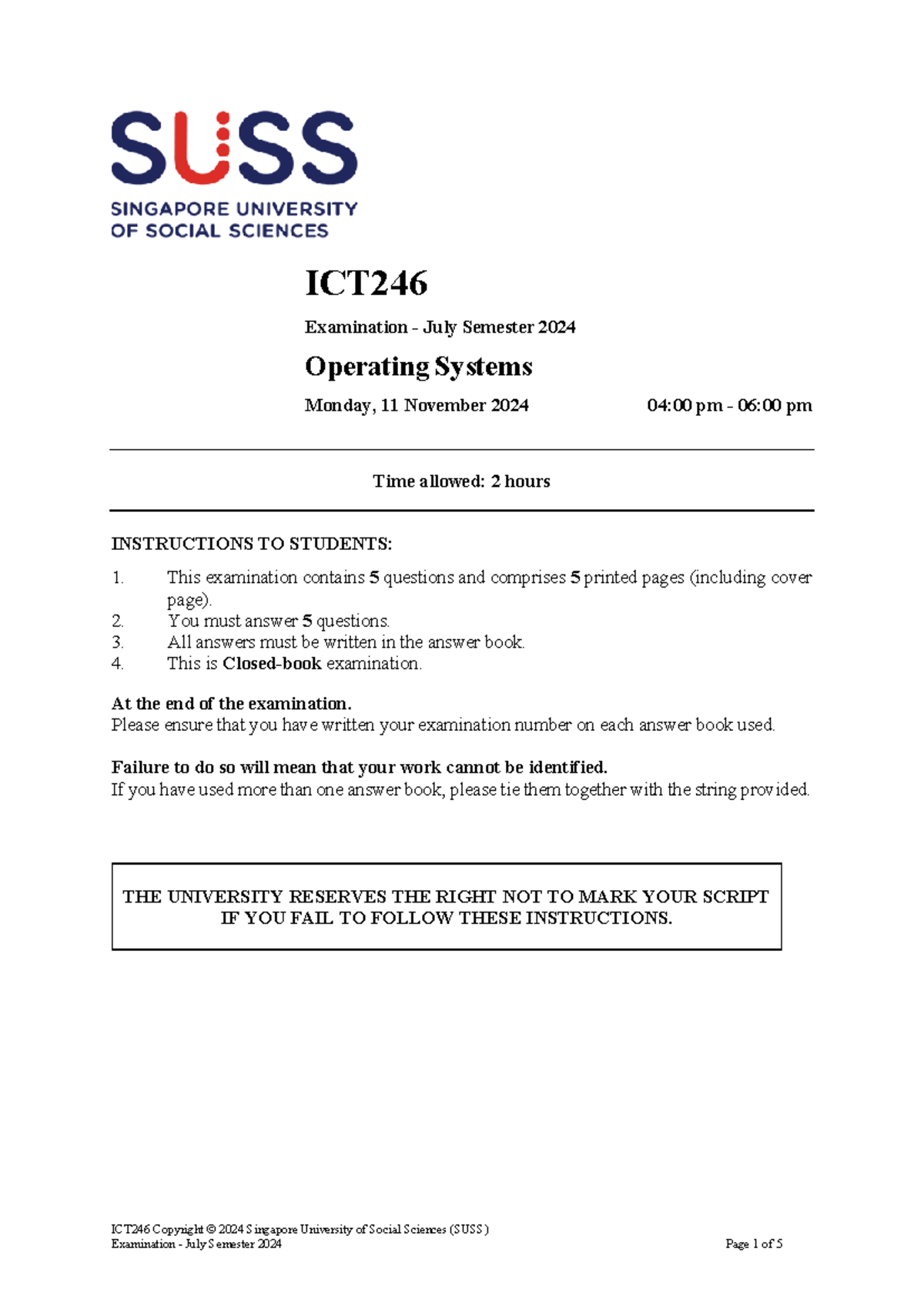 ICT246 July 2024 Examination Paper: Operating Systems Overview - Studocu