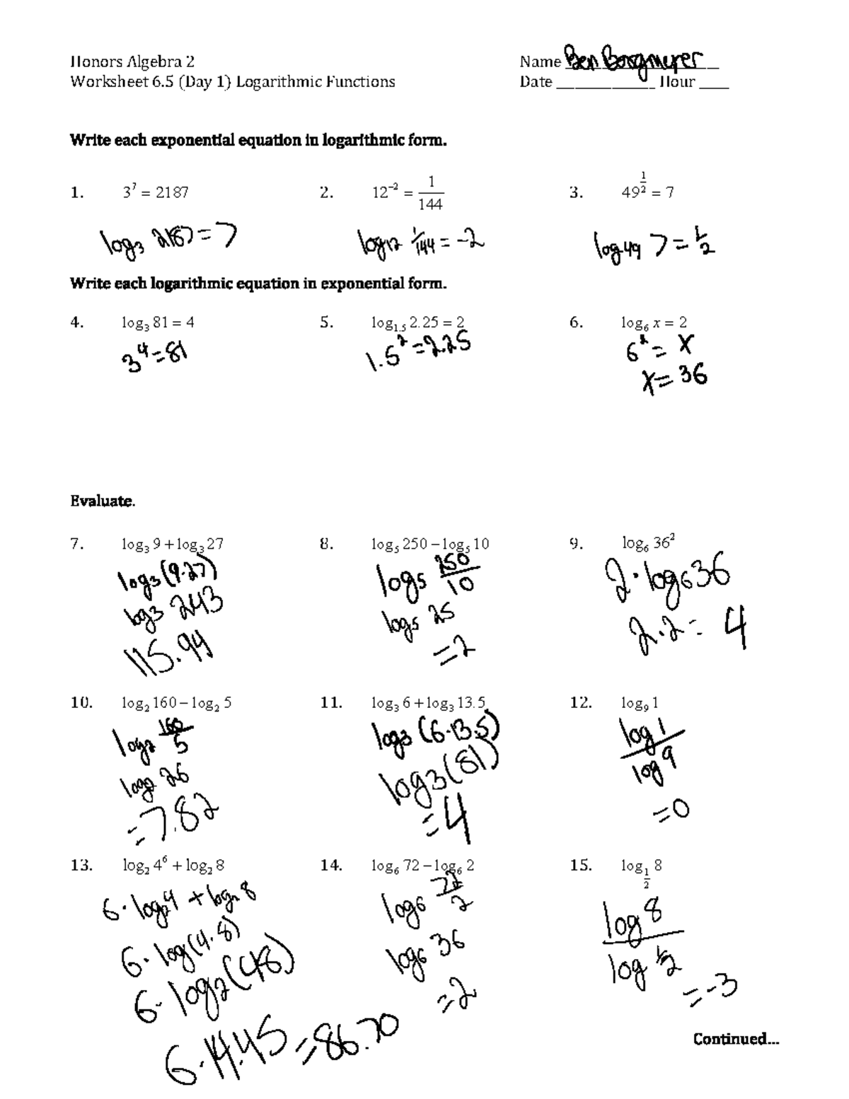 6.5 (Day 1) WS - Math - Honors Algebra 2 Name ...