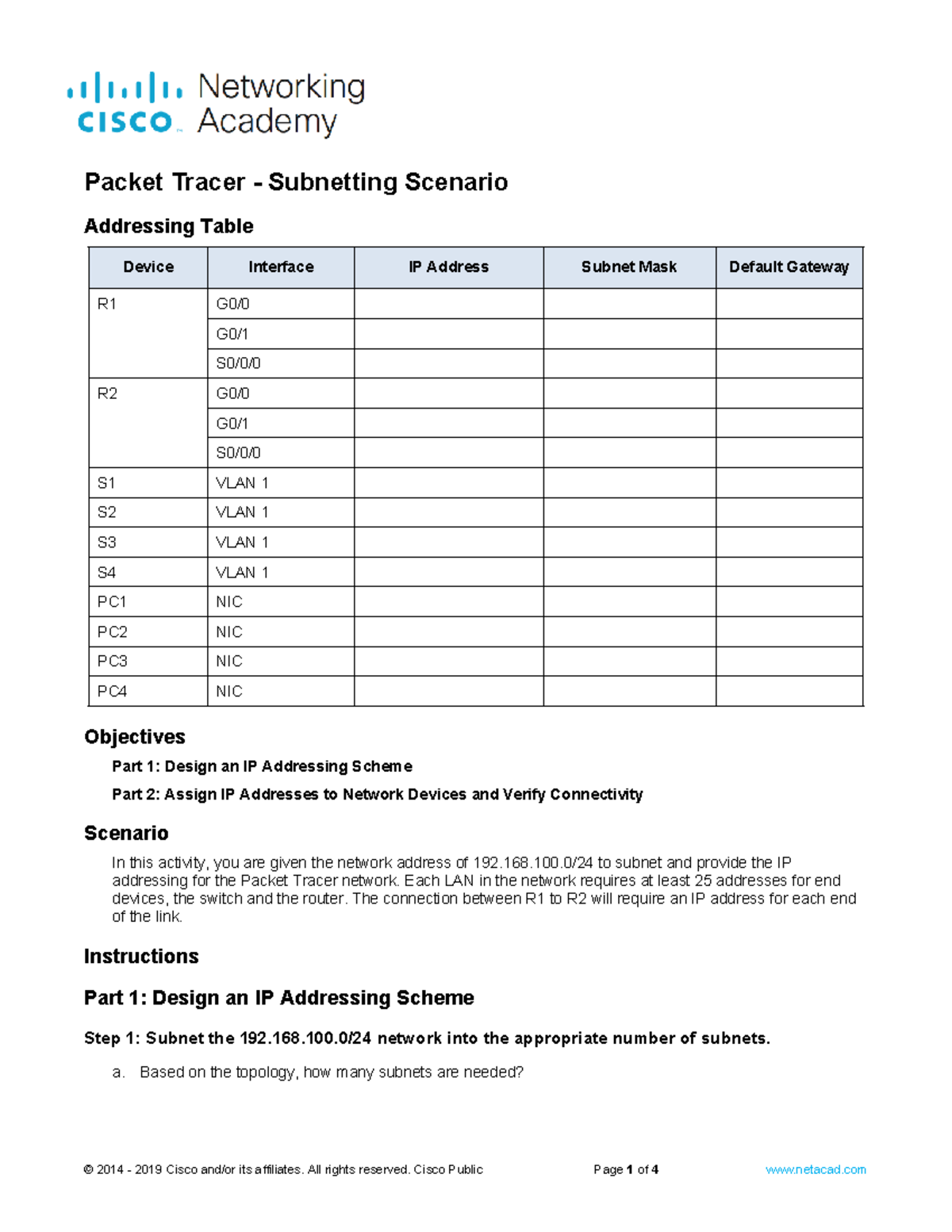 11.7.5 Packet Tracer - Subnetting Analysis and Design Exercise - Studocu