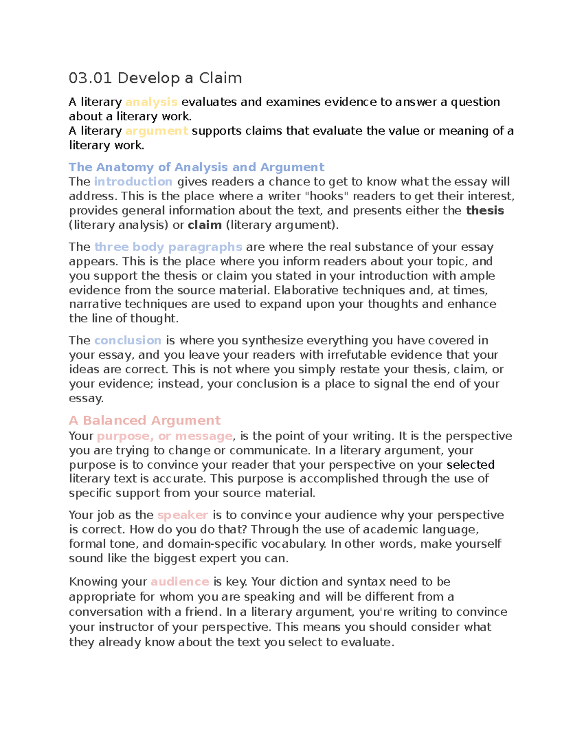 Module 3 Notes - 03 Develop a Claim A literary analysis evaluates and ...