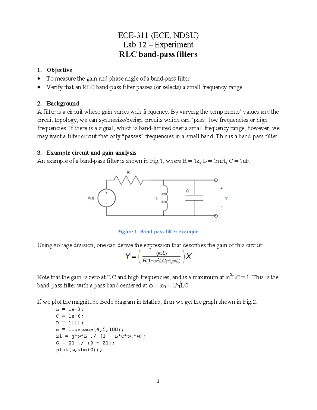 ECE-311 (ECE, NDSU) Lab 12 - RLC Band-Pass Filter Experiment - Studocu