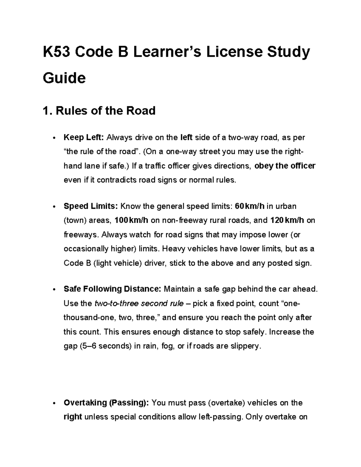 K53 Code B License Study Guide: Rules of the Road Explained - Studocu