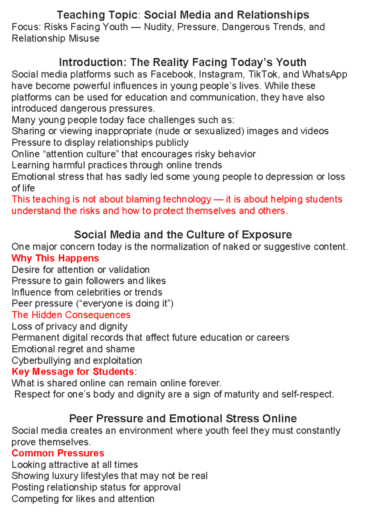 Teaching Topic: Social Media & Relationships - Risks for Youth - Studocu