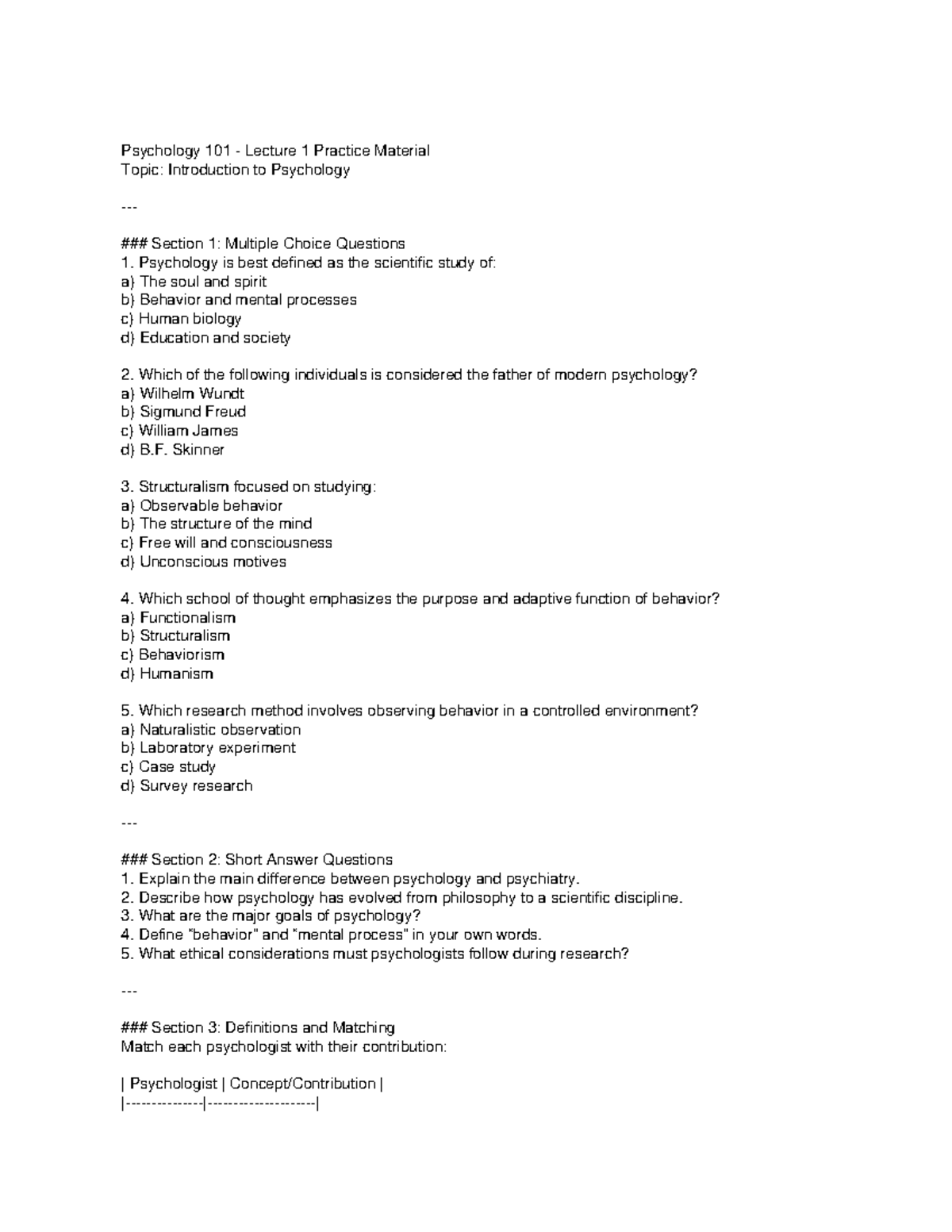 Psychology 101 Lecture 1 Practice Material: Intro to Psychology - Studocu