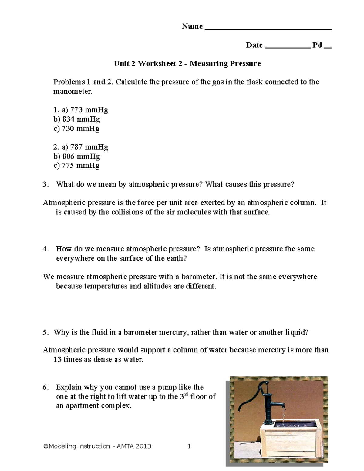 Unit 2 Worksheet 2: Measuring Pressure Problems and Solutions - Studocu