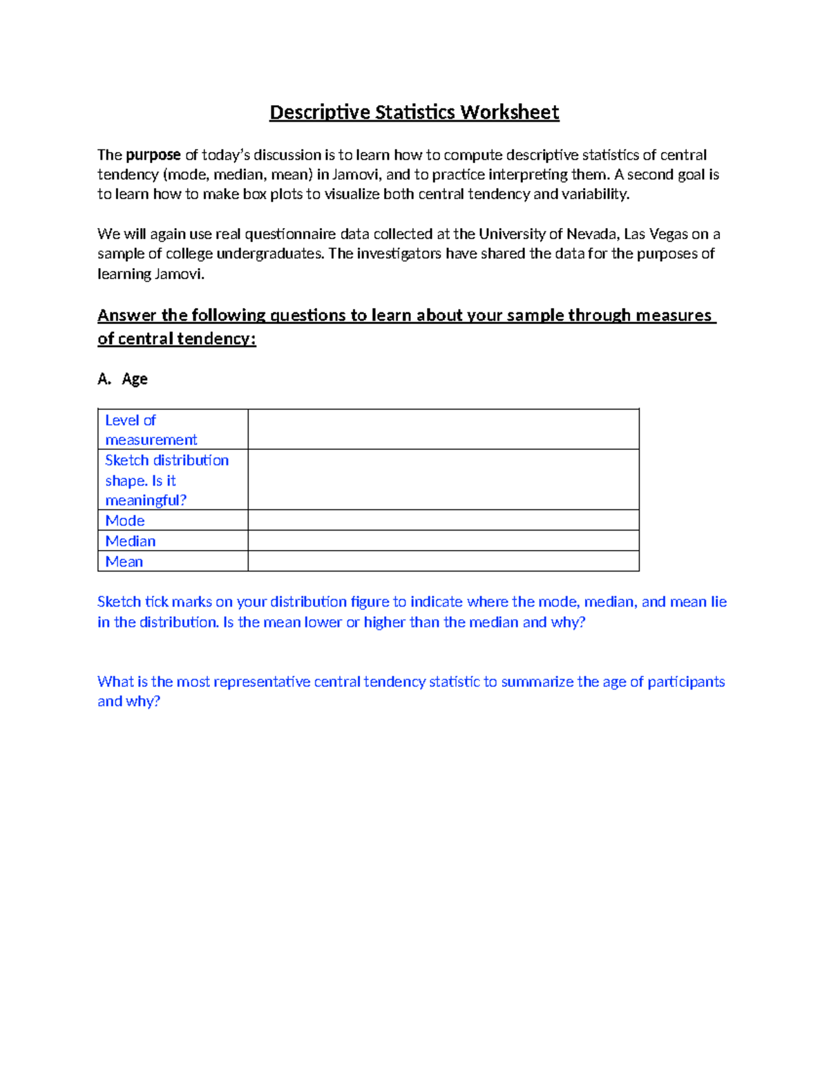 Descriptive Statistics Worksheet student 1 - Descriptive Statistics ...