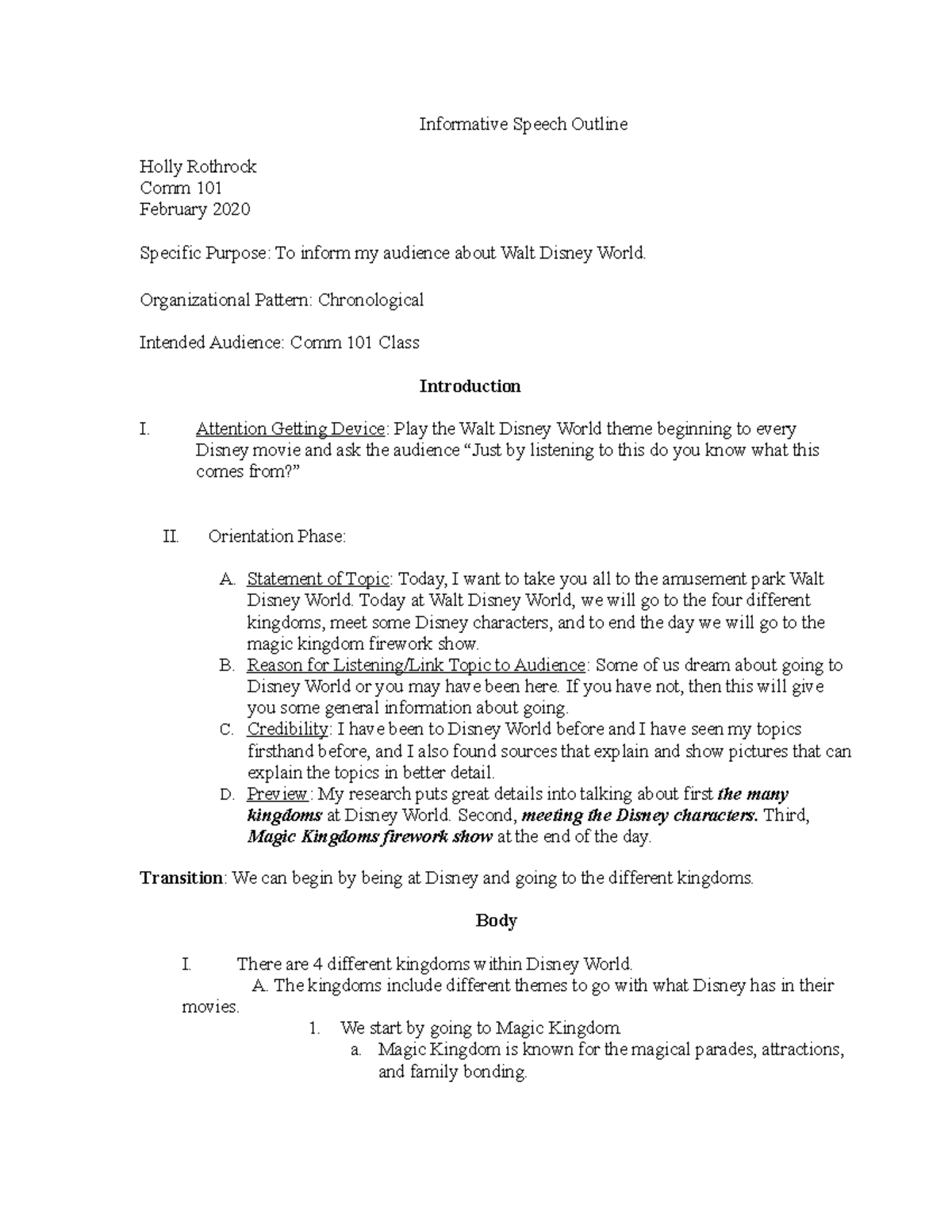 COMM 101 Speech Outline - Informative Speech Outline Holly Rothrock ...