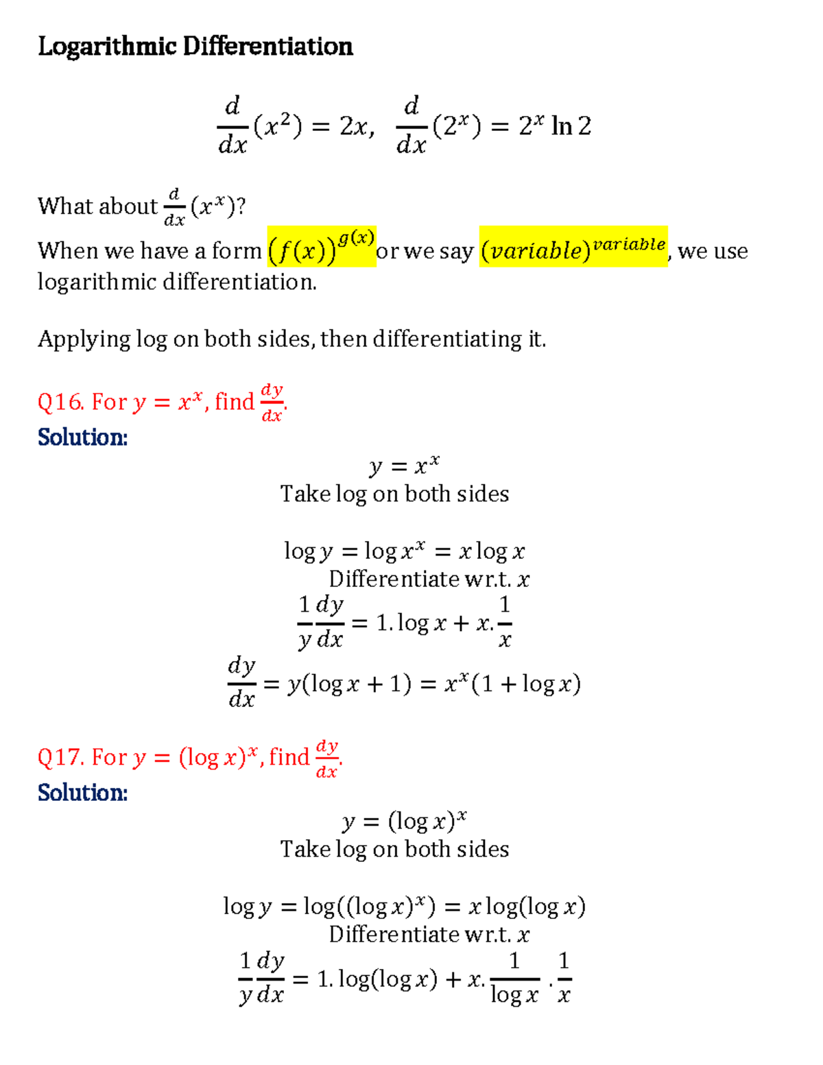 Logarithmic Differentiation Techniques - MTH165 Unit 2 Lecture 2 - Studocu