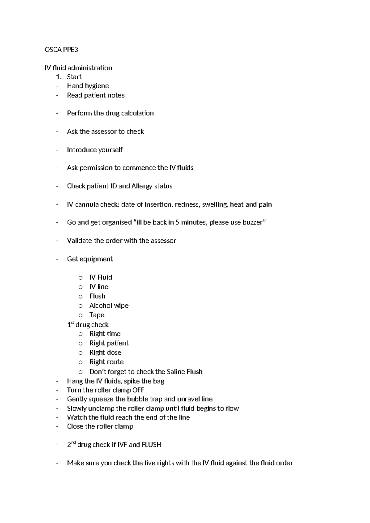 IV Fluid Administration Procedure Guidelines - OSCA PPE3 - Studocu