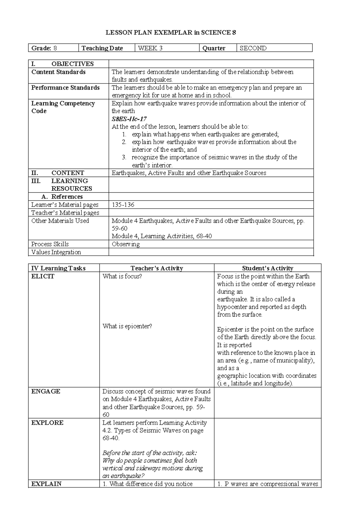 Format Lesson Exemplar for Science 8: Earthquake Understanding - Studocu