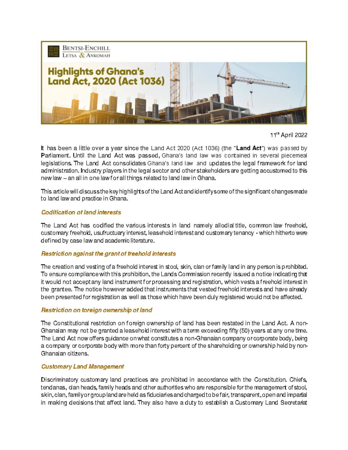 Final Key Highlights of Ghana's Land Act 2020 (Act 1036) - Studocu