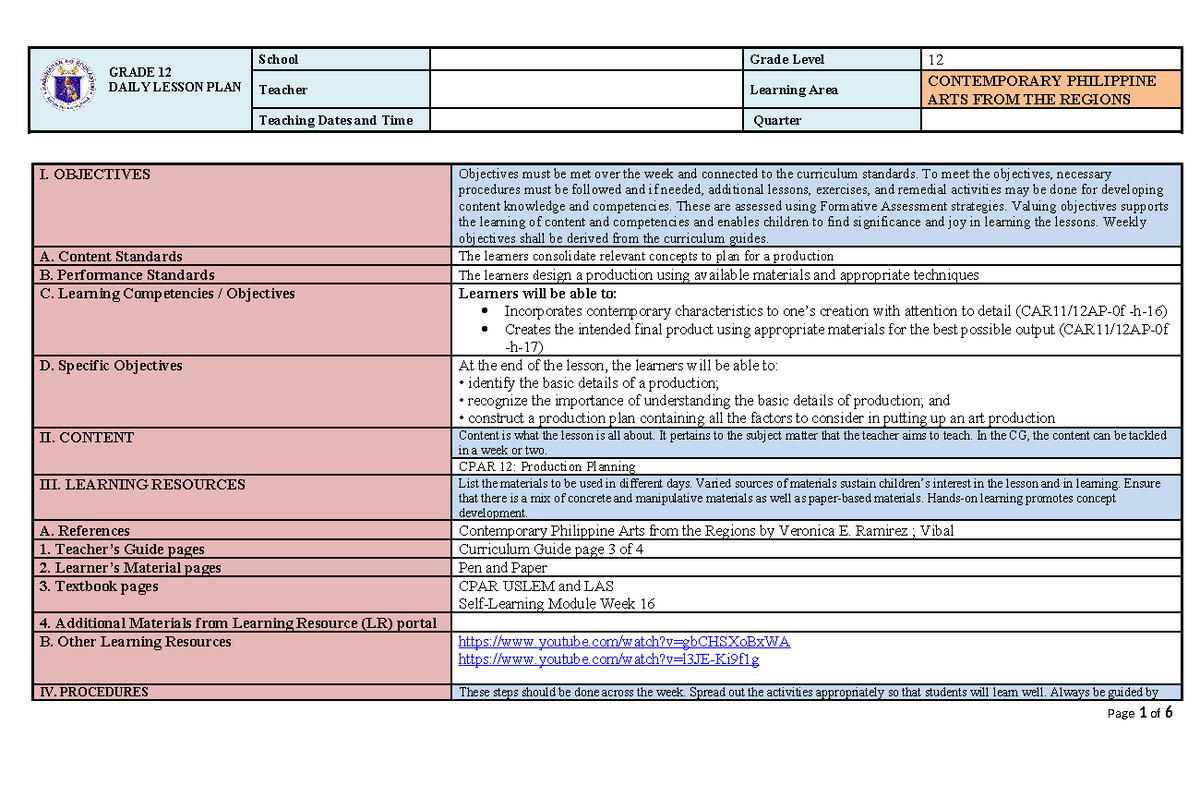 Sample Lesson Plan for CPAR 12: Production Planning Activities - Studocu
