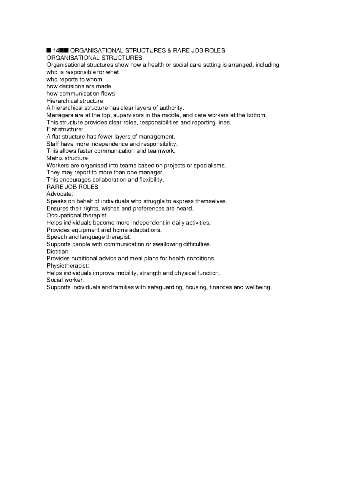 Unit 2: Organisational Structures & Rare Job Roles in Health Care - Studocu