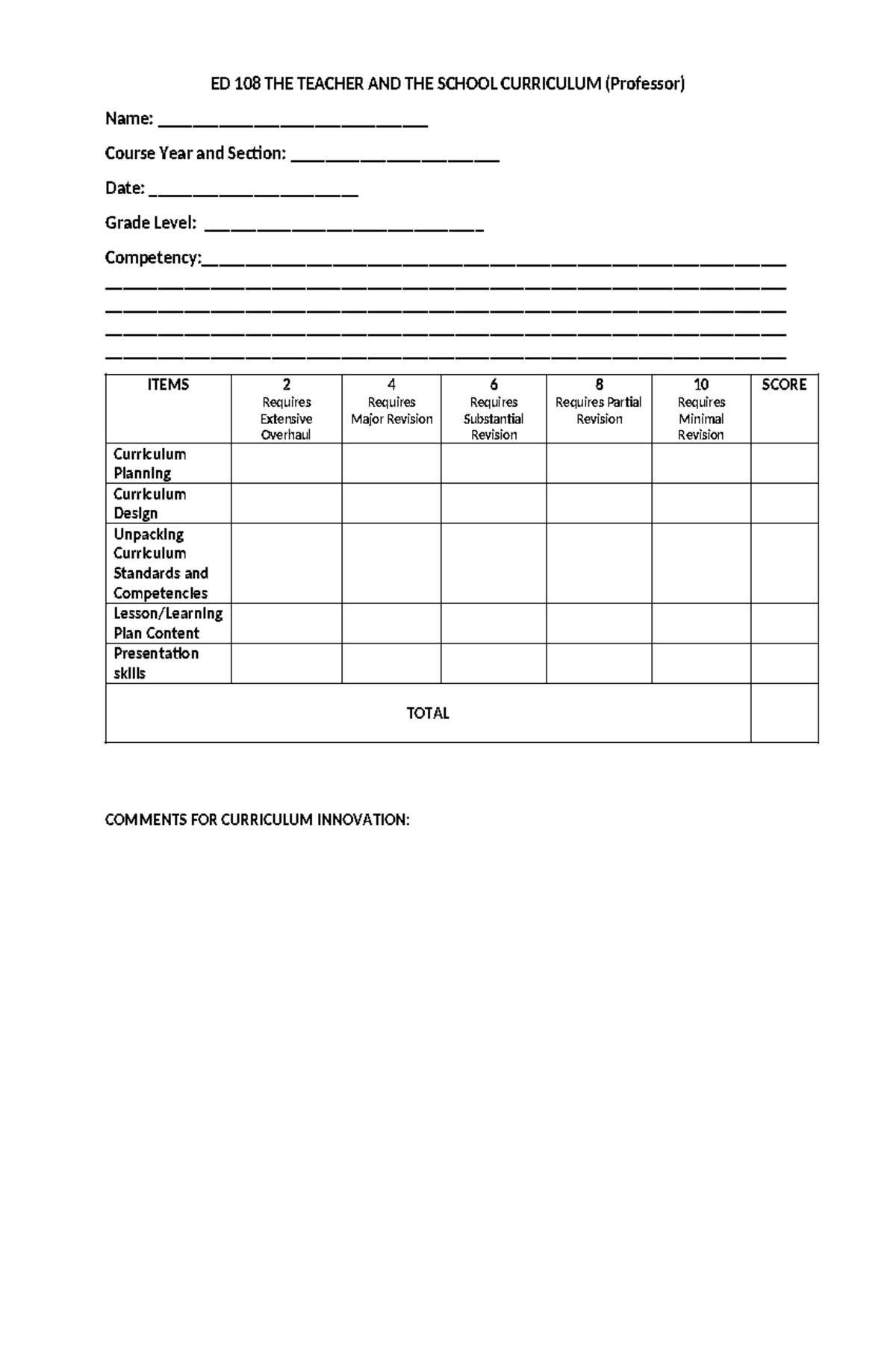 Lesson-plan - lesson plan rubrics - ED 108 THE TEACHER AND THE SCHOOL ...