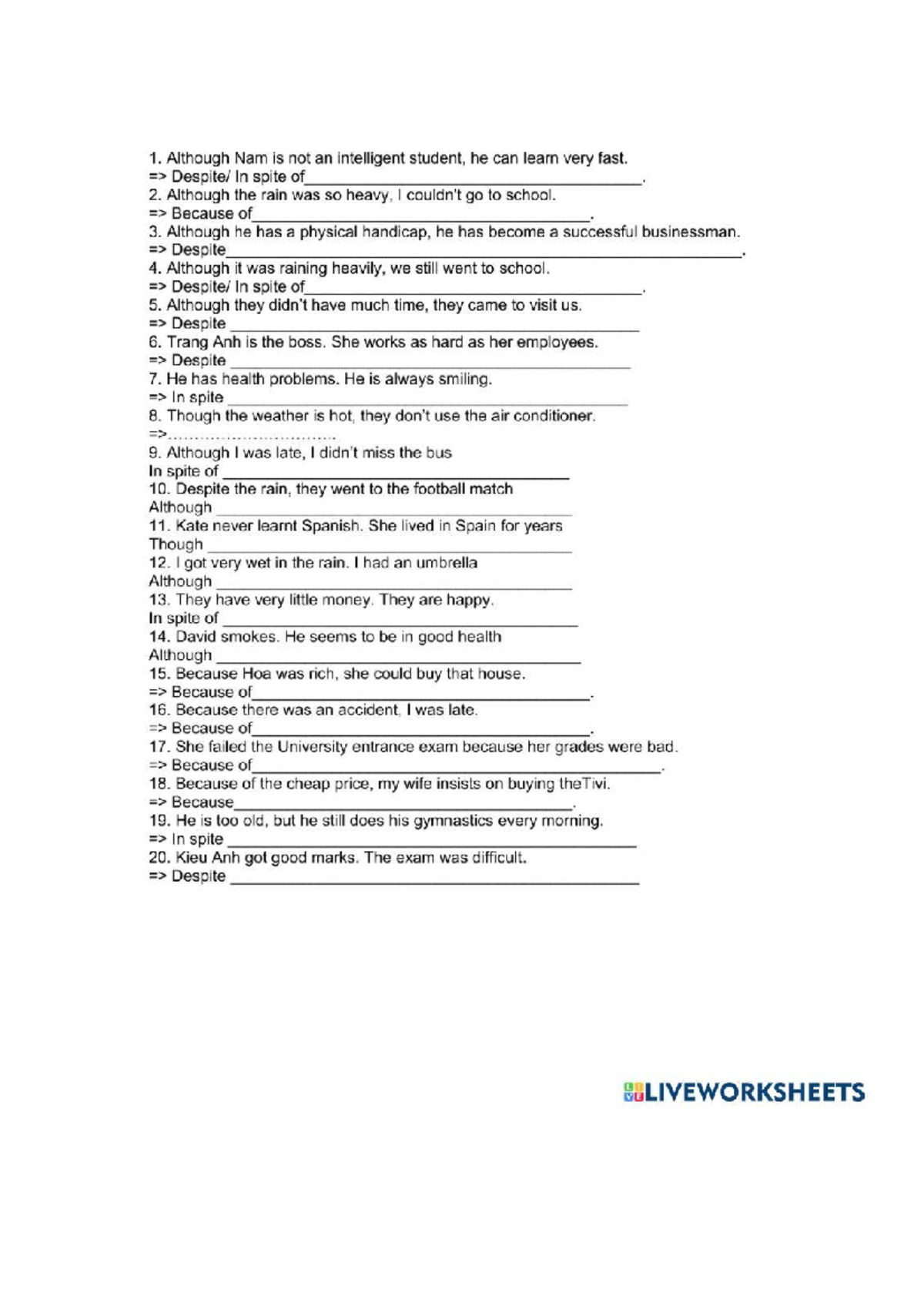 Worksheet: Understanding "Despite" vs. "In Spite Of" Examples - Studocu