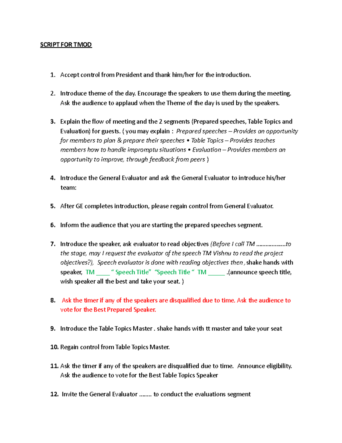 Toastmaster of the Day Script: Essential Meeting Flow Guide - Studocu