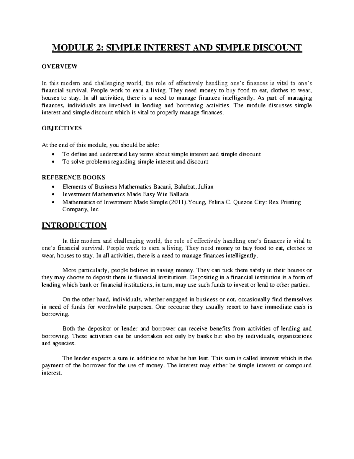 Module-2: Understanding Simple Interest in Business Math - Studocu