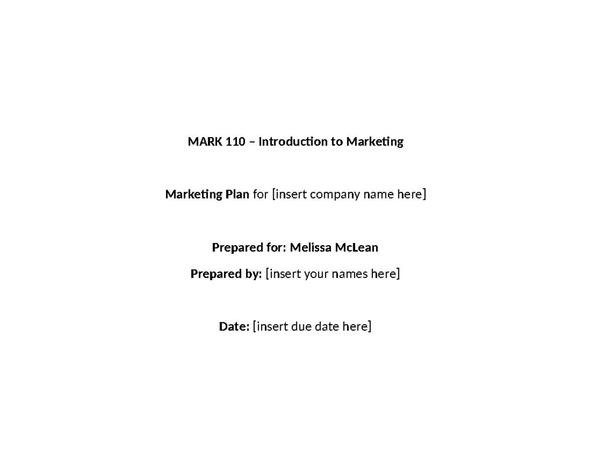 MARK 110 Marketing Plan Part 2: SMART Objectives & Target Markets - Studocu