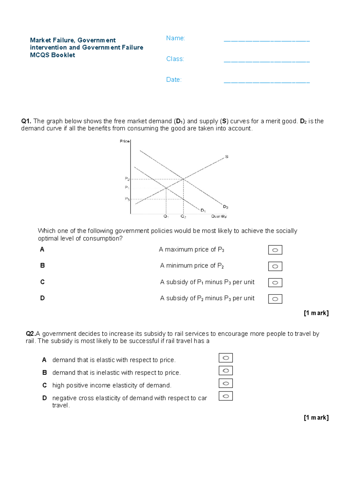 Market Failure & Government Intervention: MCQs Booklet for Economics ...