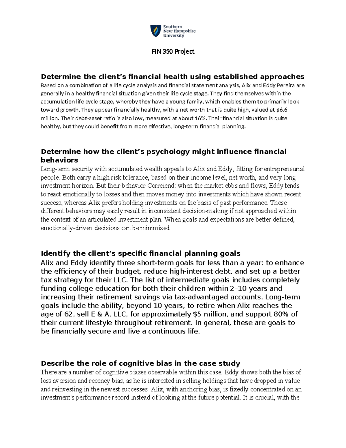 FIN 350 Project: Financial Health Analysis of Alix and Eddy Pereira ...