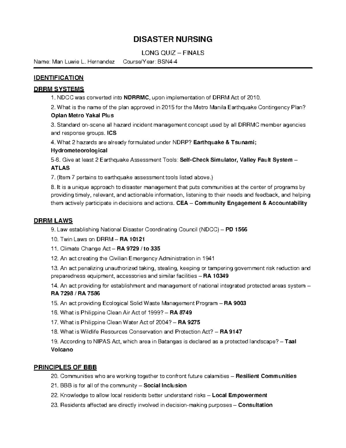 Disaster Nursing Long Quiz Finals (DN 101) - Comprehensive Review - Studocu