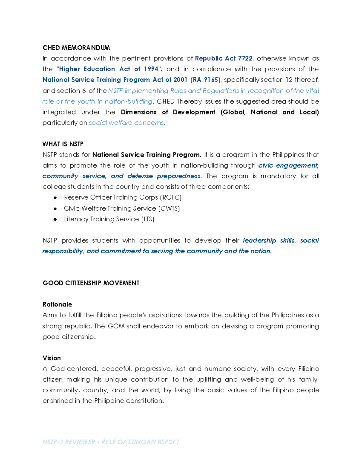 NSTP Reviewer: Good Citizenship and Values in Filipino Society - Studocu