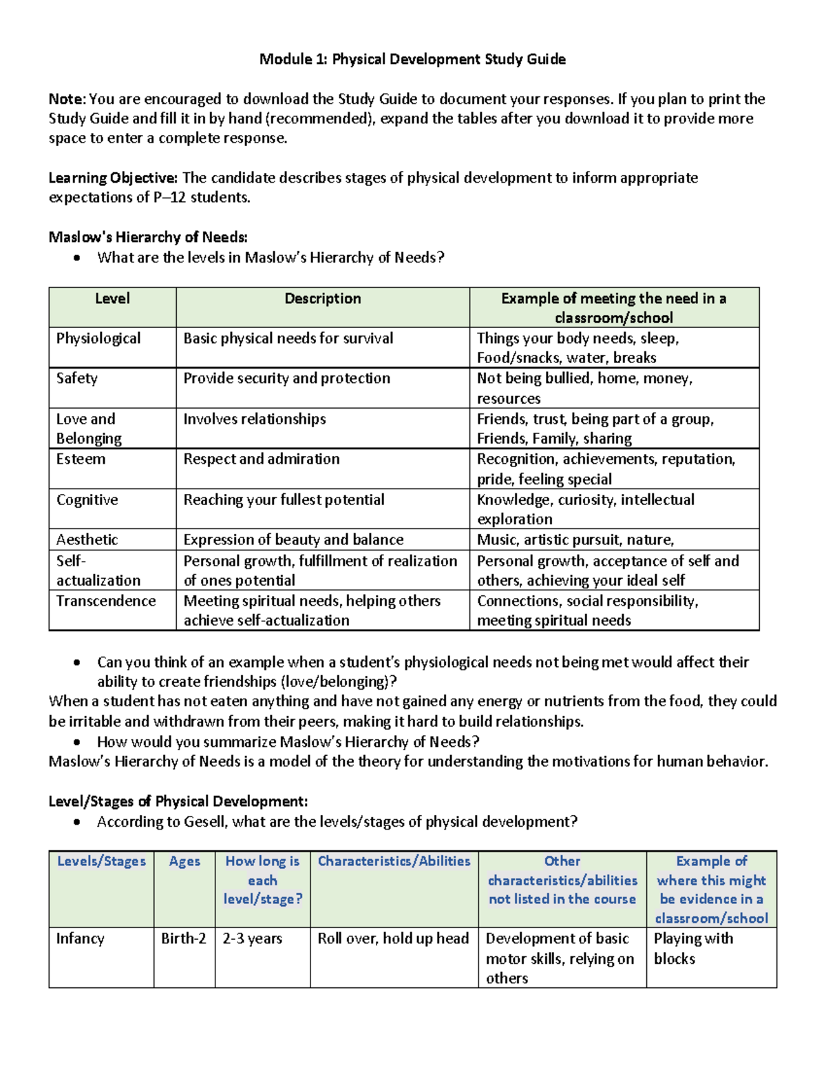 Study Guide #1. - Module 1: Physical Development Study Guide Note: You ...