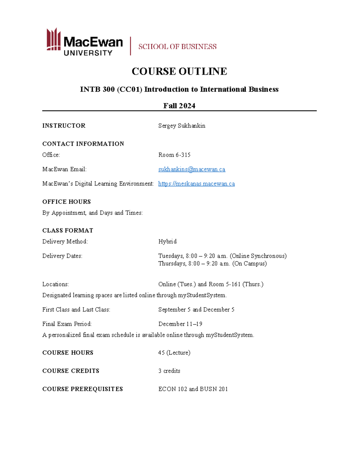 Fall 2024 INTB 300 (CC01) Syllabus: Introduction to International ...
