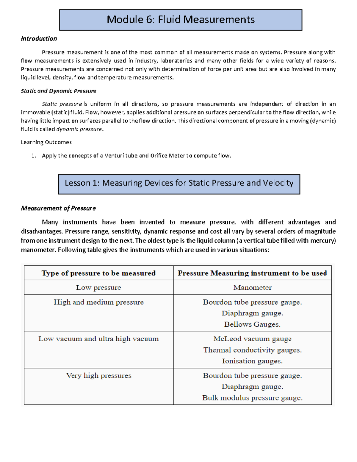 Flow Measurement - Study well - Module 6: Fluid Measurements ...