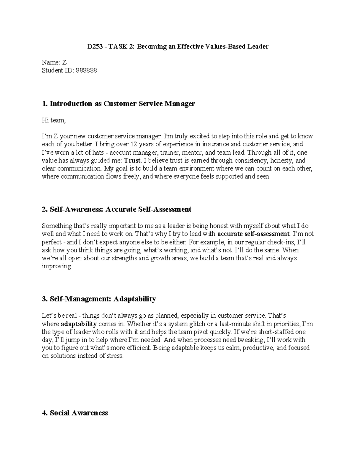 Task 2 D253 - Task 2 PA - D253 - TASK 2: Becoming an Effective Values ...