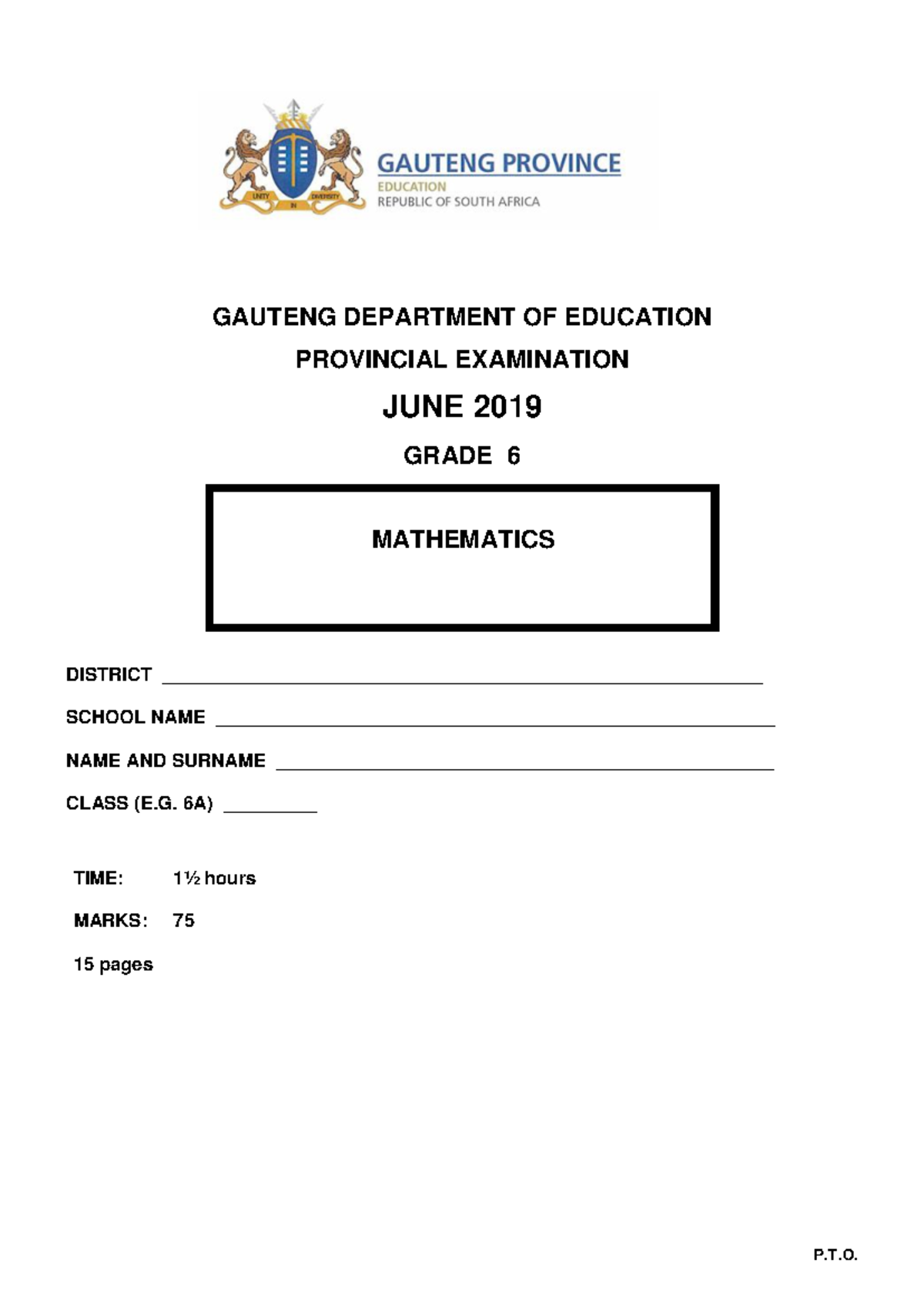 Grade 6 Mathematics Exam June 2019 - Gauteng Education - Studocu