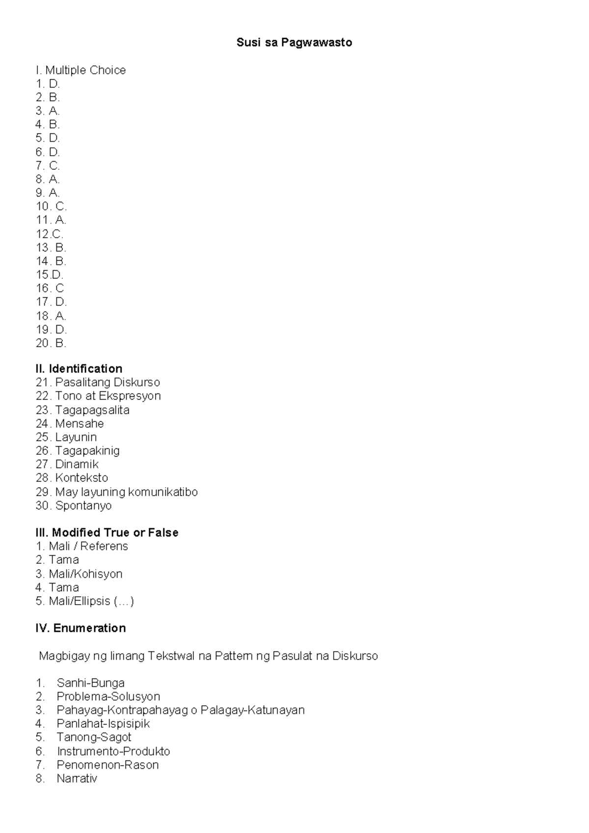 Susi sa Pagwawasto: Key Answers for Exam Review - Studocu